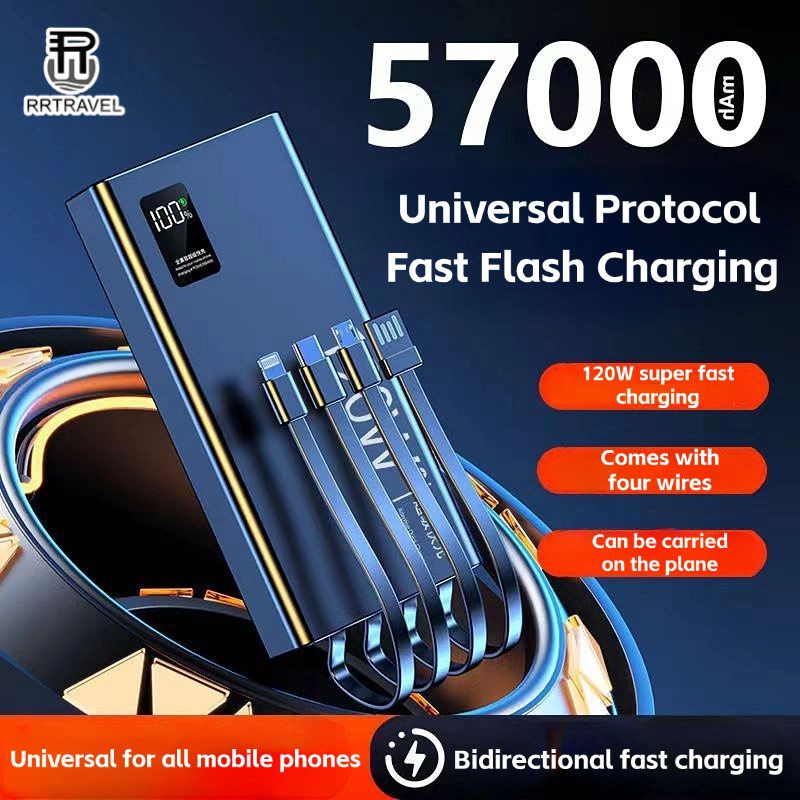 57000mAH Power Bank 4 Cables 120W Full Capacity Mini Powerbank Portable ...