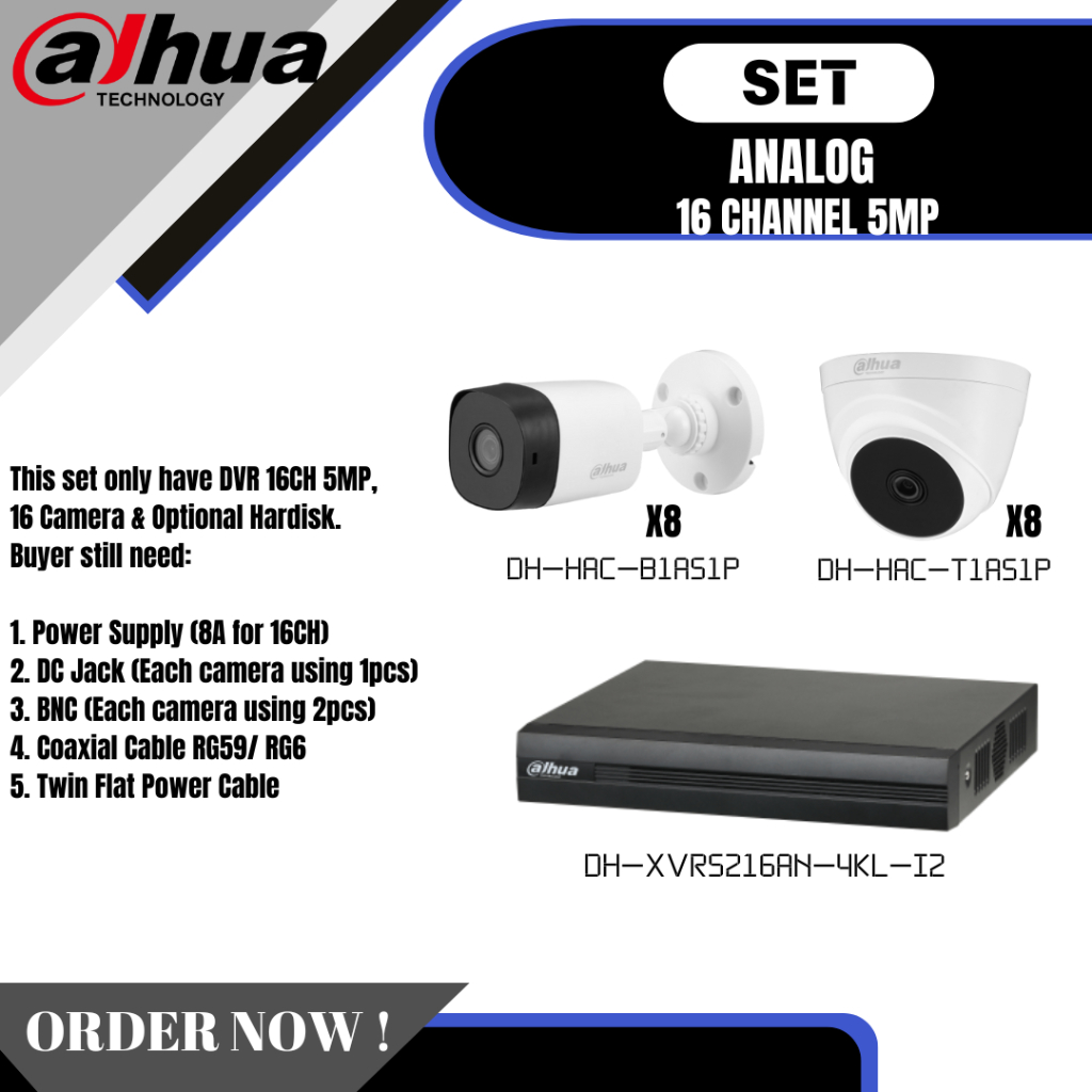 DAHUA CCTV Set 16 Channel Full HD 1920P 5MP-8MP Set With Hardisk XVR5216AN-4KL-I2/HAC-T1A51/HAC ...