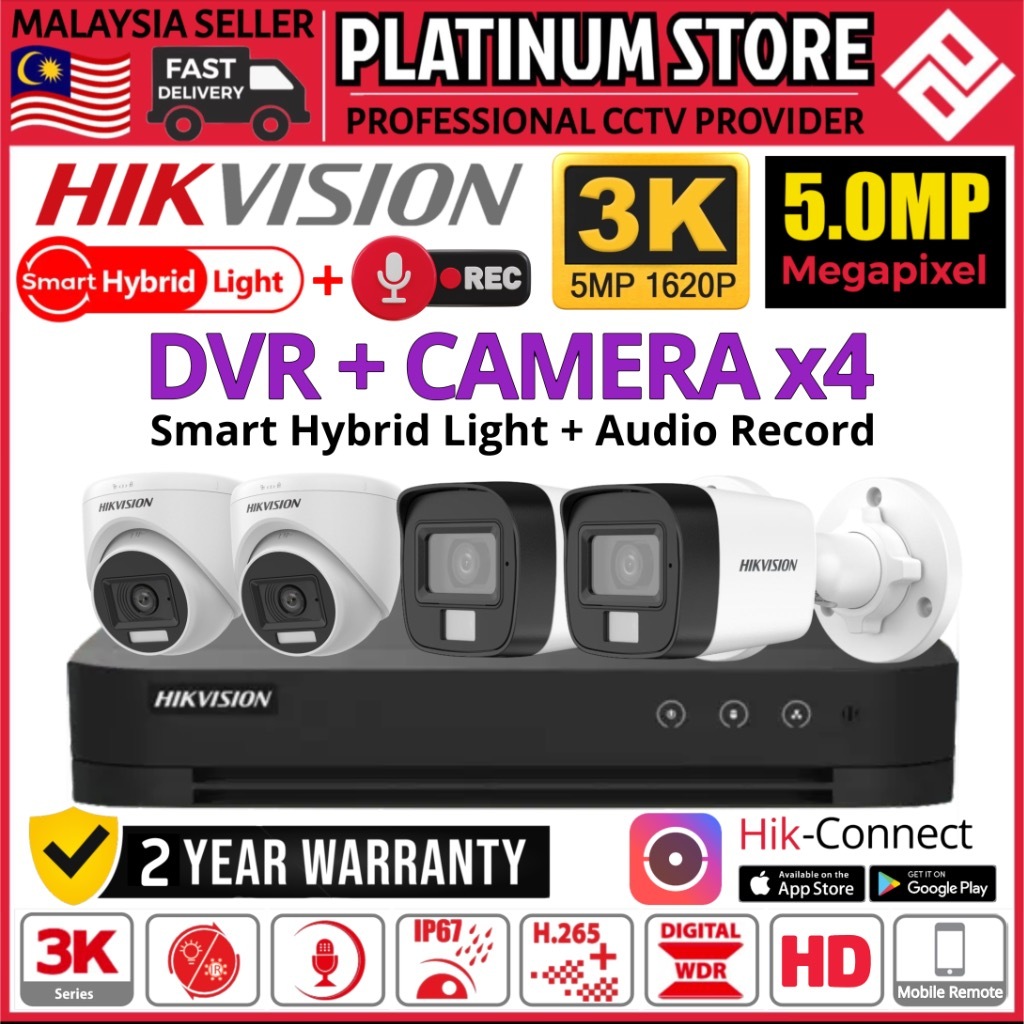 HIK HIKVISION 5.0MP Smart Hybrid Light 4CH PACKAGE SET DVR + 4 CAMERA ...