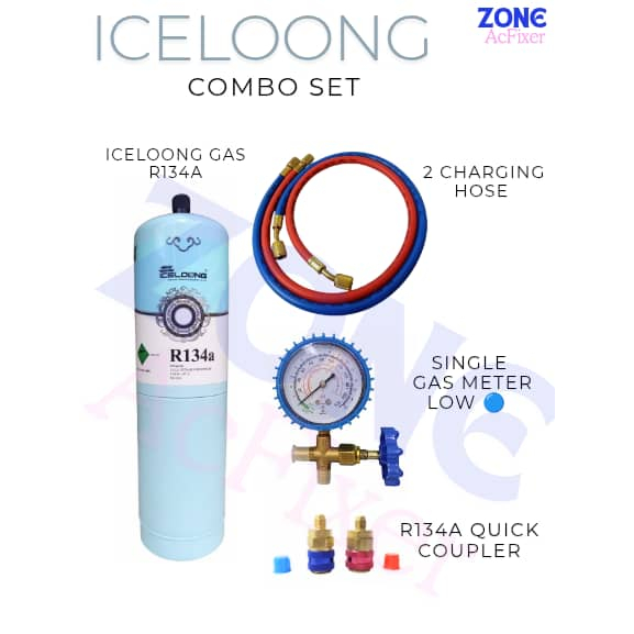 (COMBO SET) ICELOONG GAS R134A + 2 CHARGING HOSE + SINGLE GAS METER(LOW ...