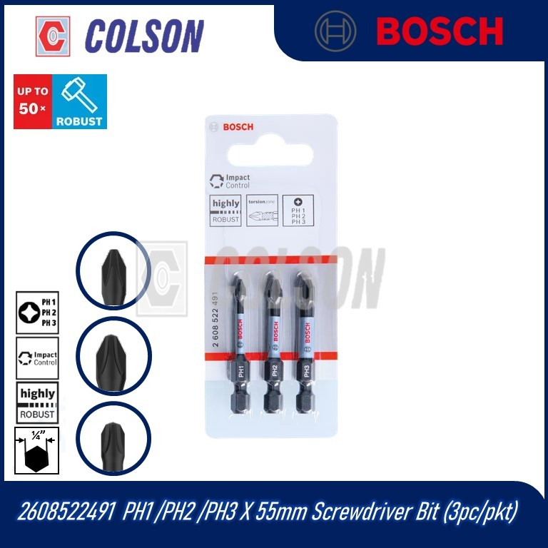 COLSON BOSCH 2608522491 PH1 /PH2 /PH3 X 55mm Screwdriver Bit (3pc/pkt ...
