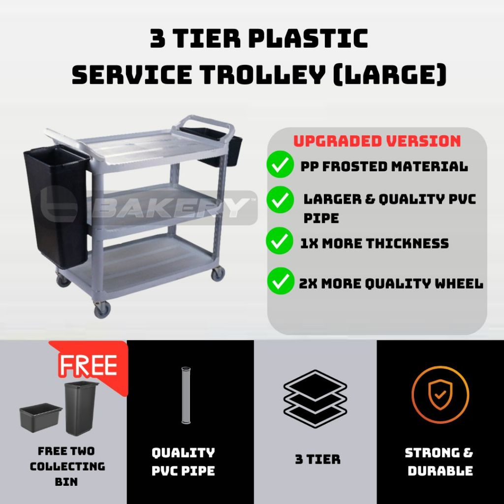 BAKERY Restaurant Dining 3 Tier Plastic Food Kitchen Trolley Cart/Troli ...