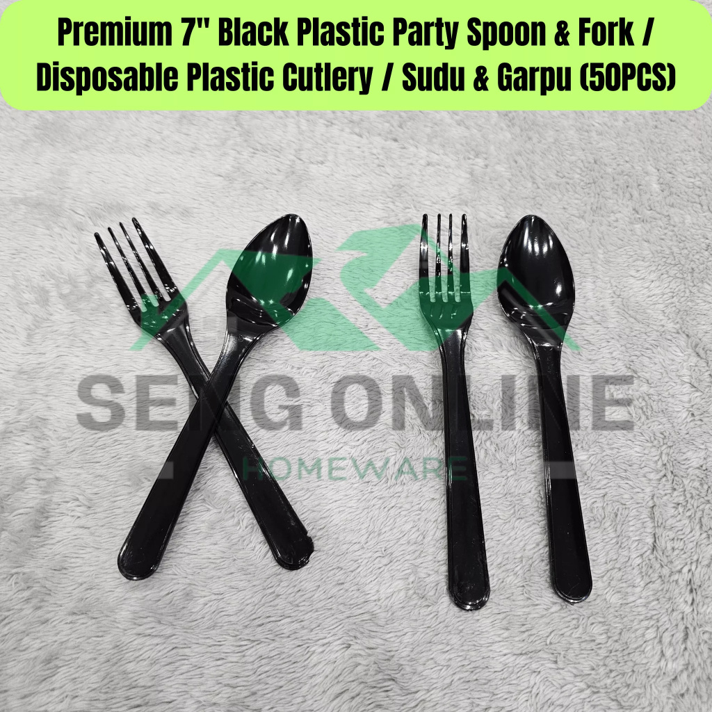 Premium 7'' BLACK Plastic Party Spoon & Fork / Disposable Plastic ...