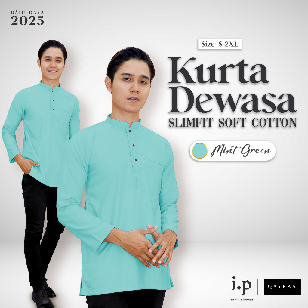 QAYRAA 2025 MINT GREEN Baju KURTA DEWASA Lelaki Long Sleeve Slim Fit ...