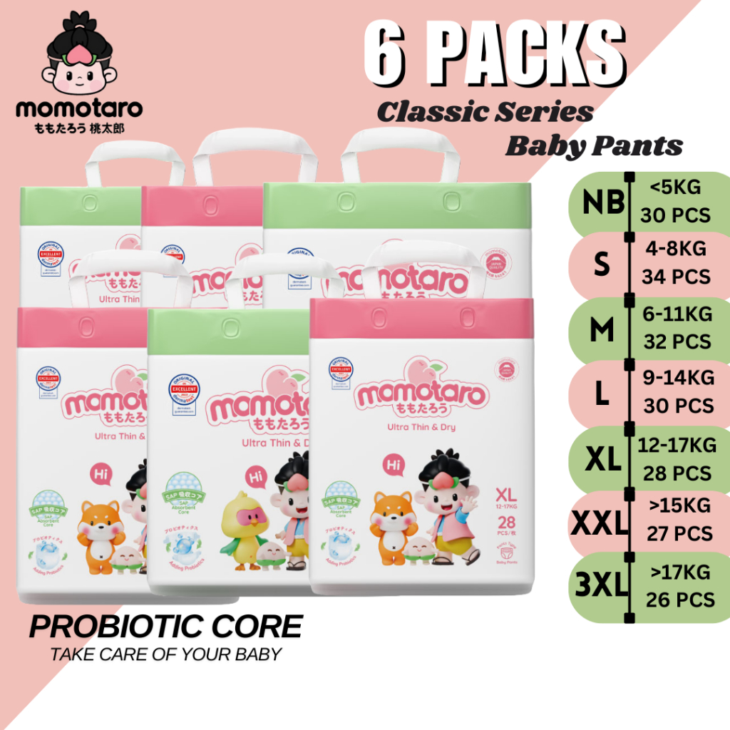 (6 PACKS) Momotaro Probiotic Core Classic Series Baby Diapers. Super ...