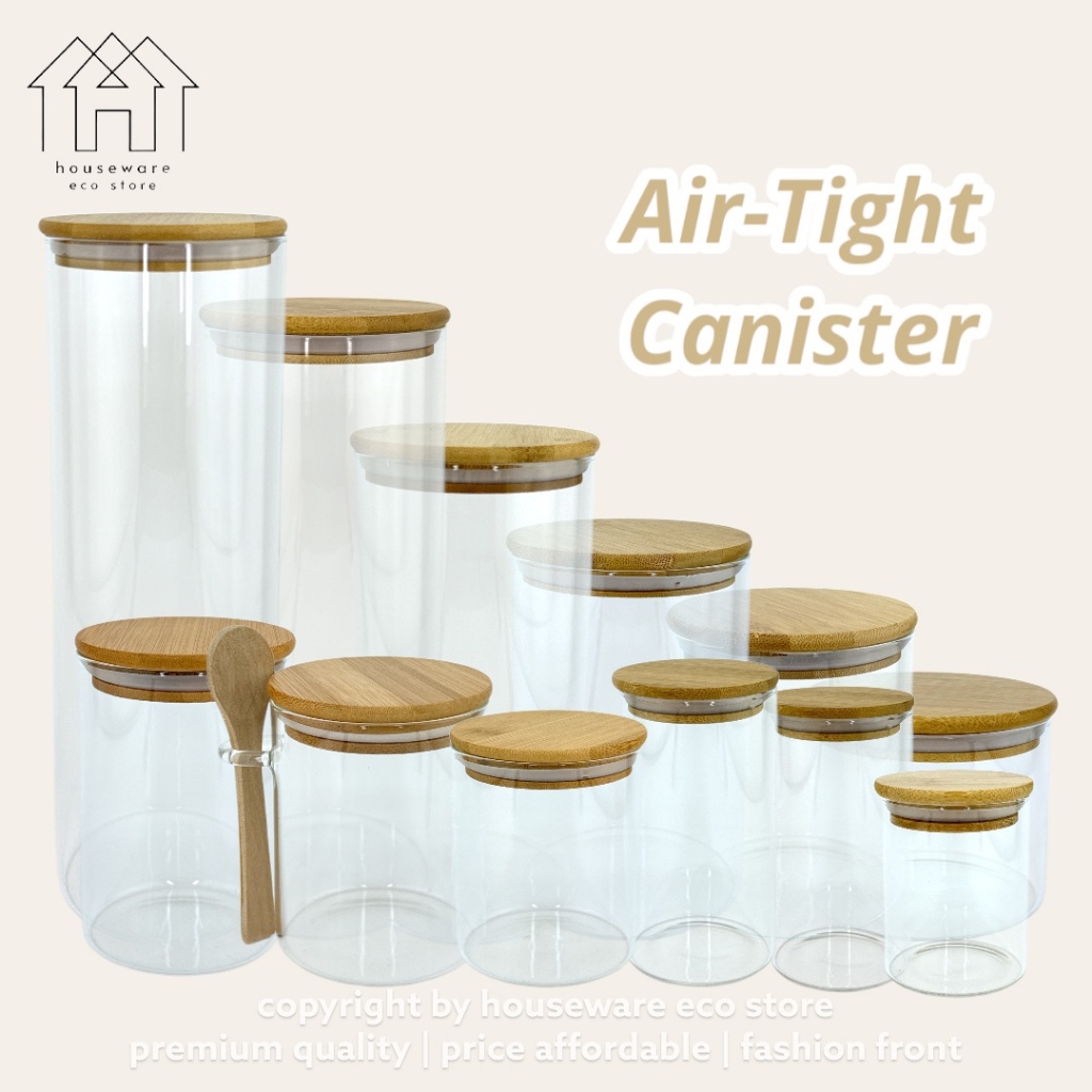 Round Glass Jar with Bamboo Sealing Lid Bekas Rempah Kaca Balang Kedap ...