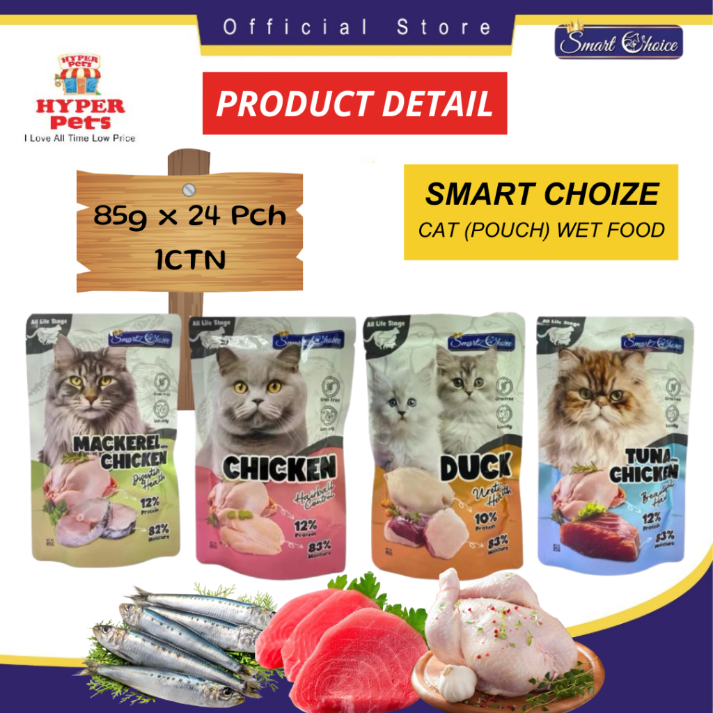 (85g x 24 PCH : 1CTN) SMART CHOICE POUCH CAT WET FOOD 85G l Chicken/Duck/Mackerel/Tuna | Shopee ...