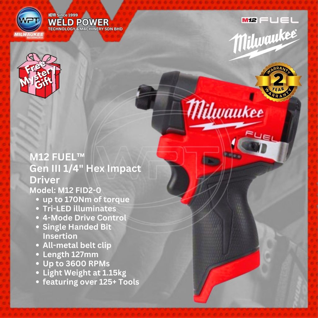 Milwaukee M12 FUEL™ Gen III 1/4" Hex Impact Driver (Model: M12 FID2-0 ...
