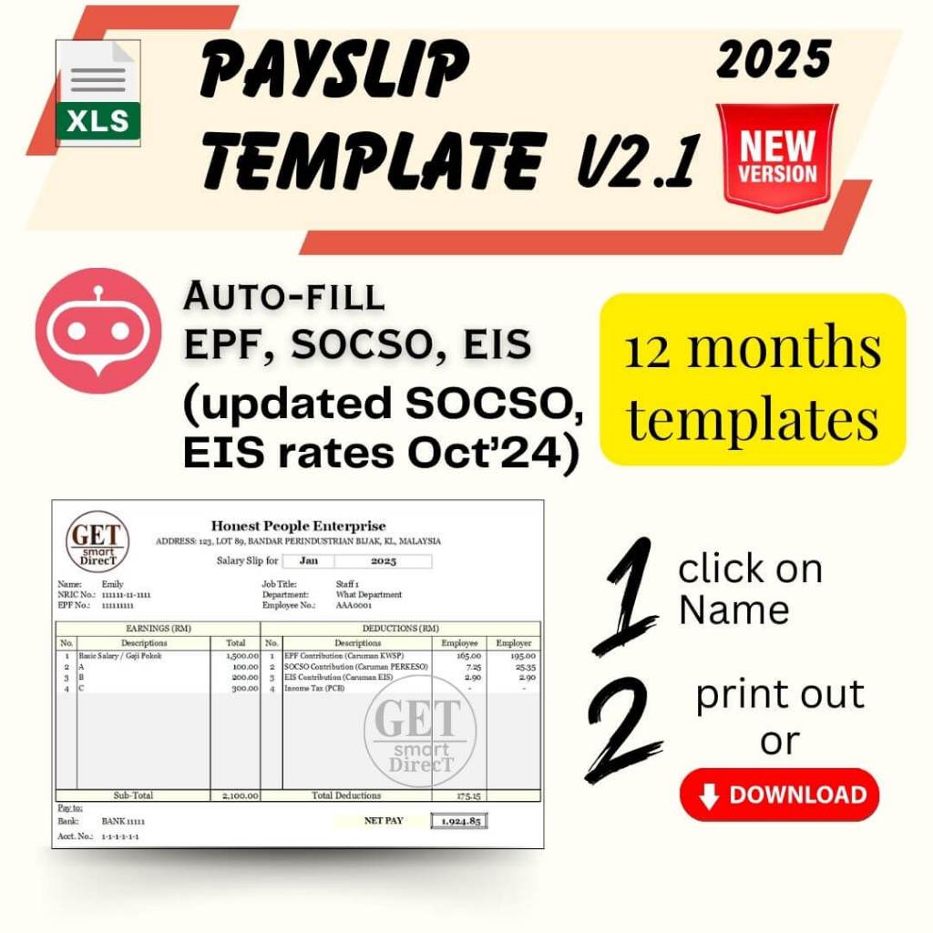 Templat Slip Gaji, Payslip Template, Auto-fill EPF, SOCSO, Excel ...