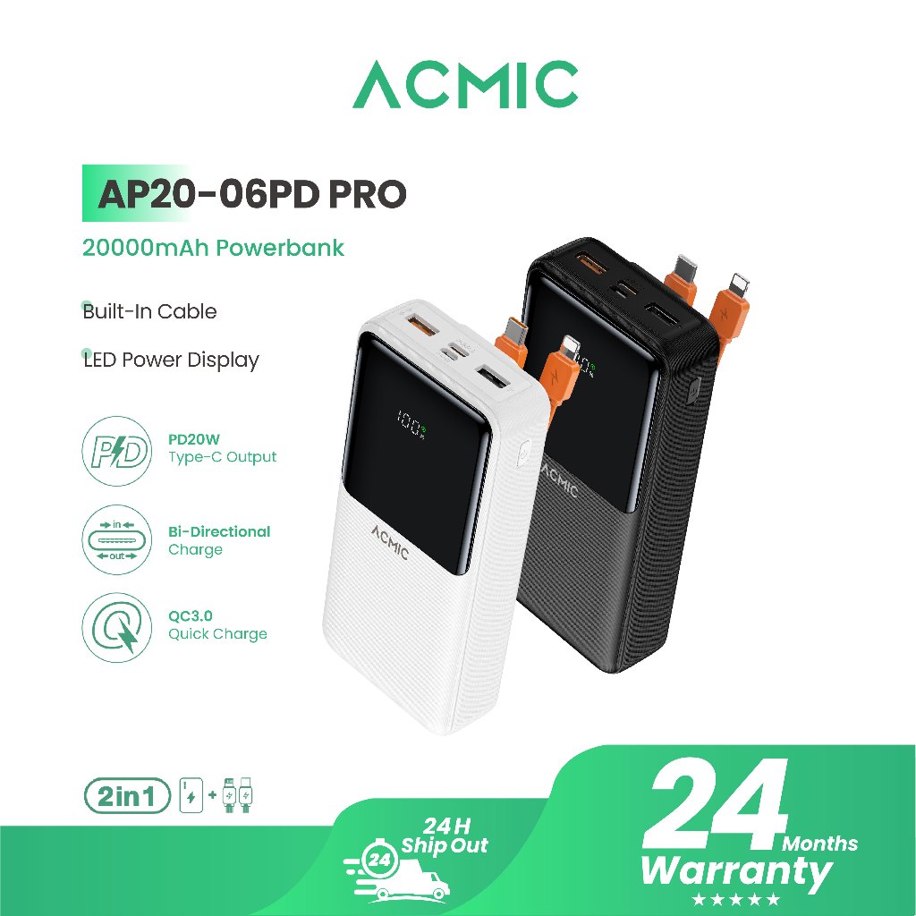 ACMIC AP20-06PD PRO Powerbank 20000mAh power bank built-in cable Type-C ...