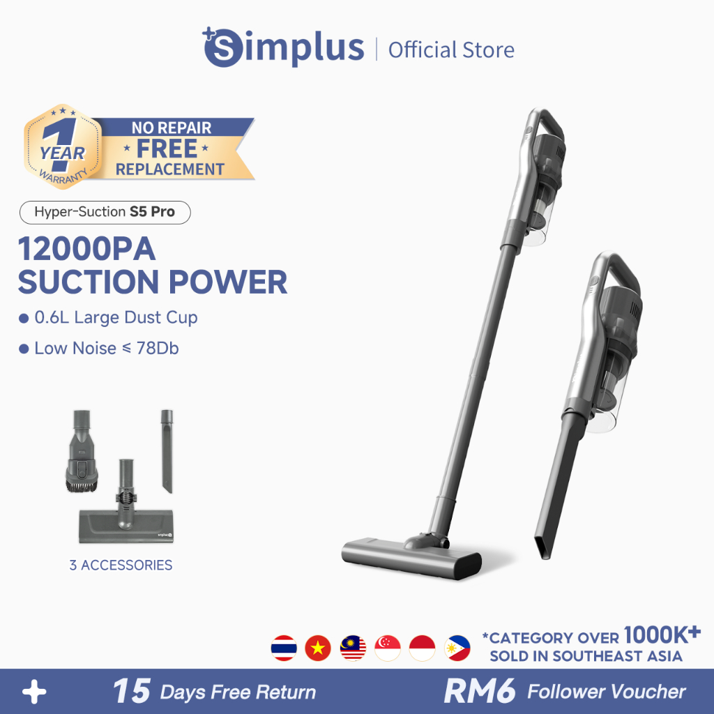 Simplus Vacuum Cleaner Cordless 12000pa 2-Speed Suction with 3 Crevice ...