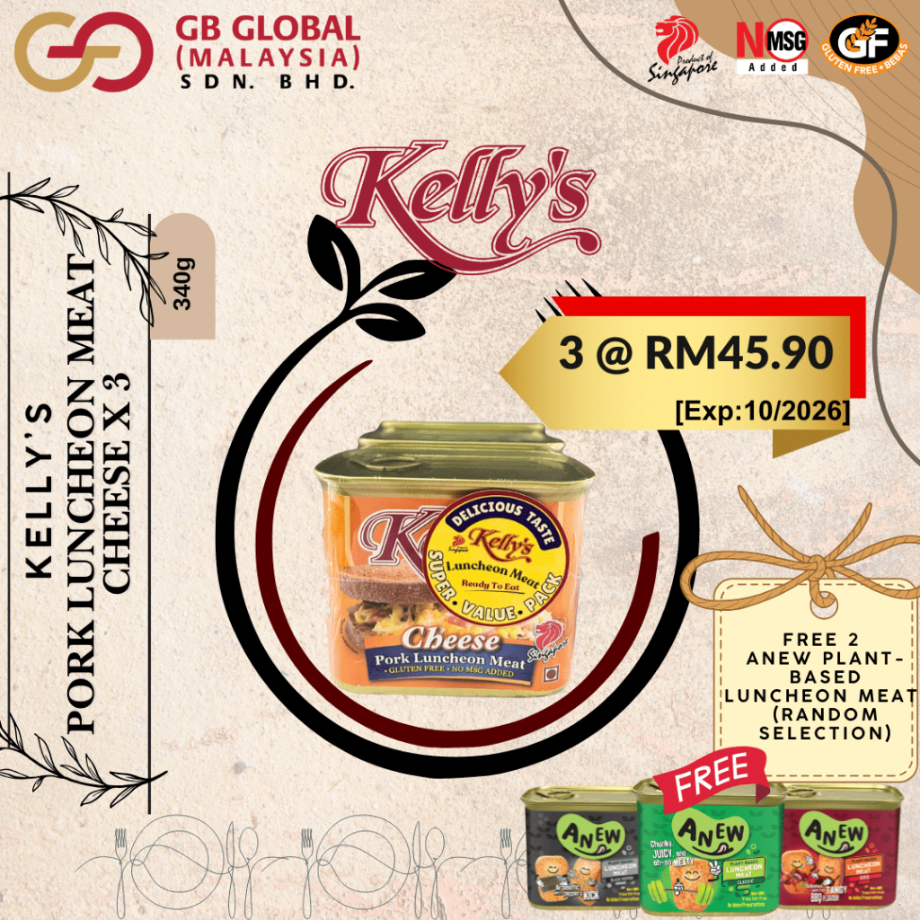 [COMBO PACK] Kelly's Cheese Pork Luncheon Meat [340g x 3 cans]【FREE】2 x ANEW Plant-Based ...
