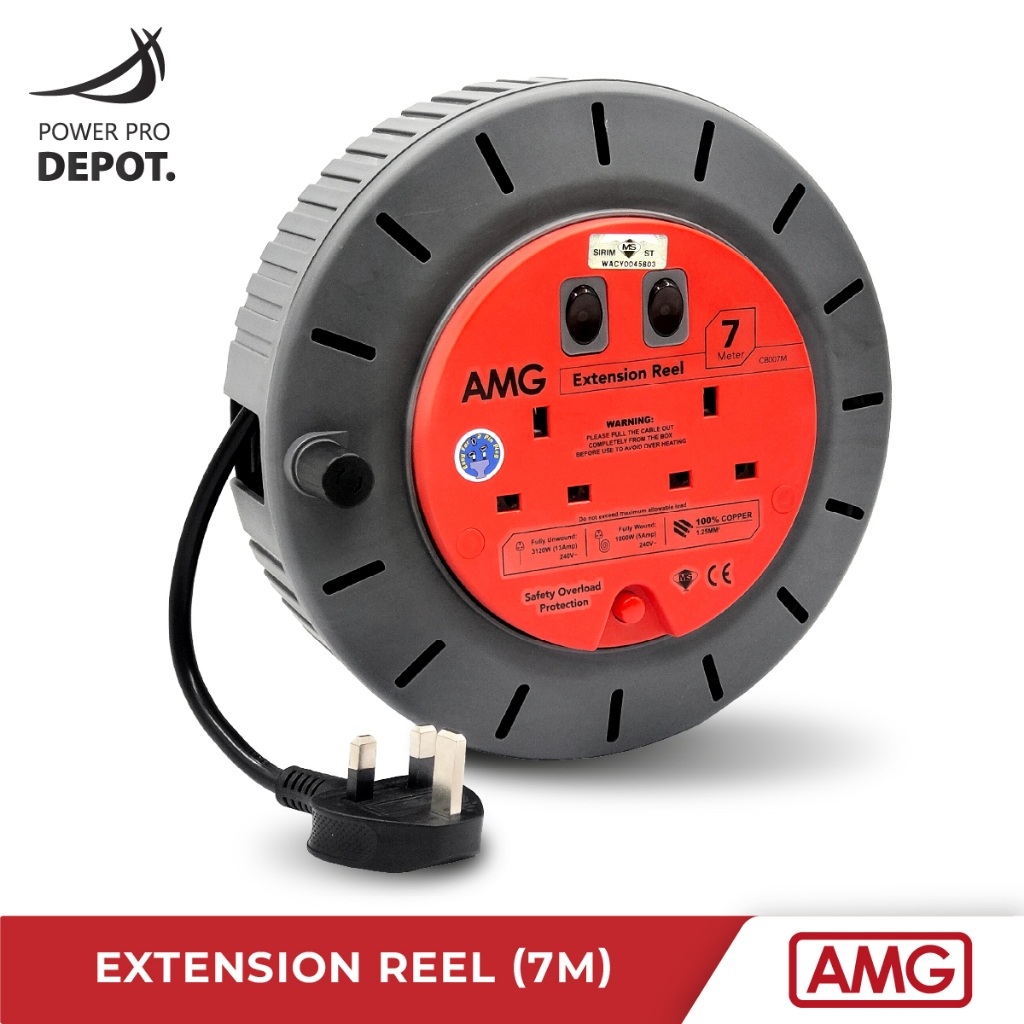 AMG 7 Meter 3 Core Full Copper Extension Reel | Cable Reel Wire | 2 ...