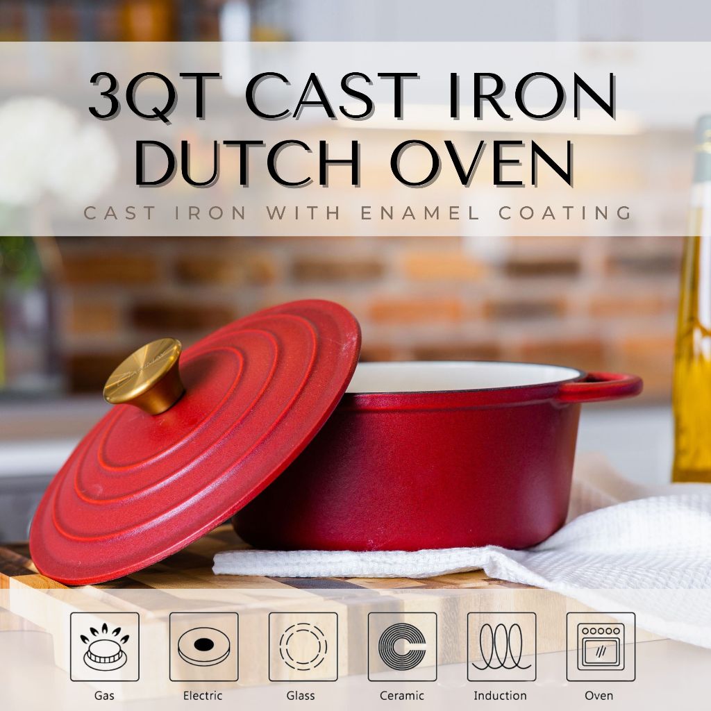3QT Enamel Cast Iron Dutch Oven 22cm Pot Casserole Pot Stew Pot With ...