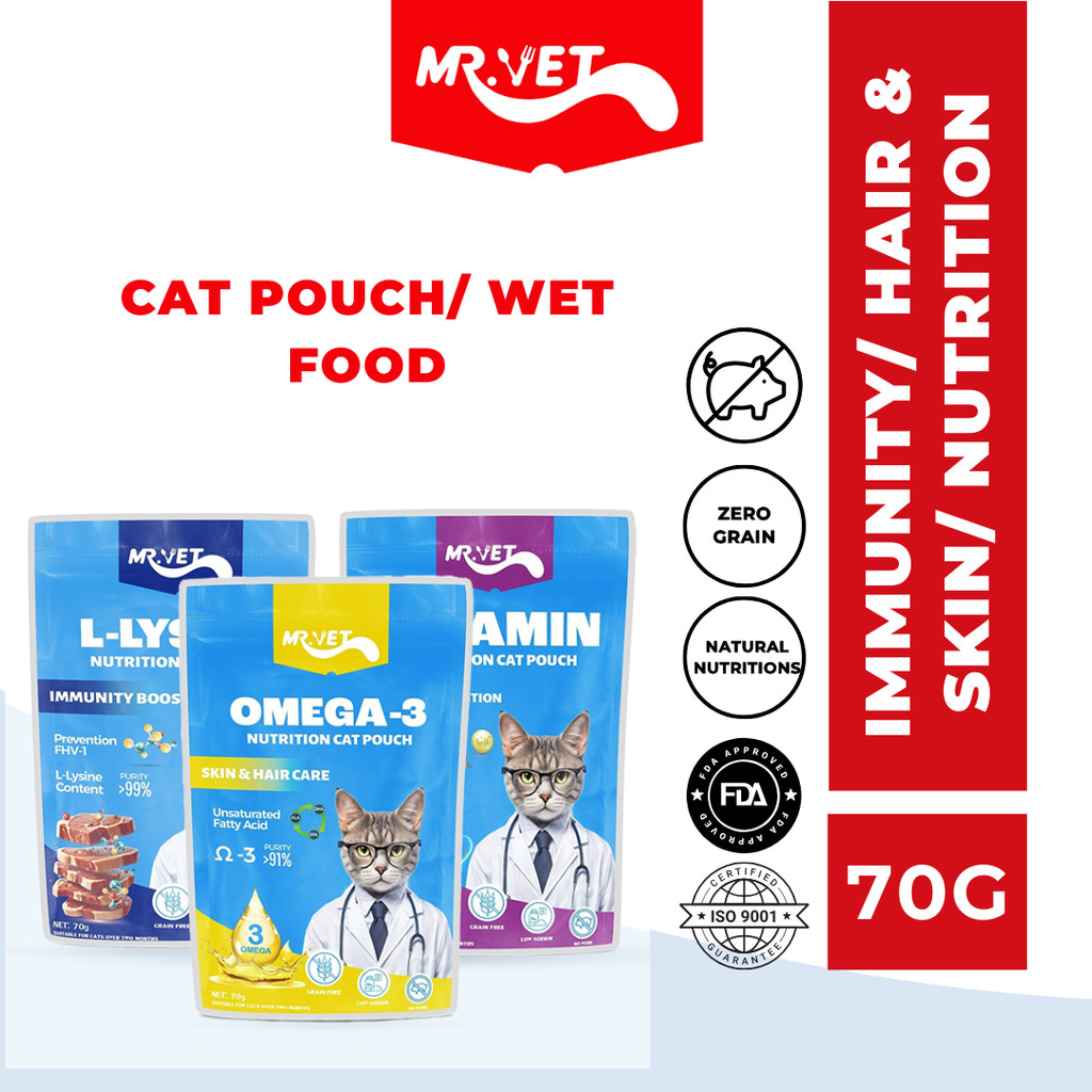 MR.VET Cat Wet Food / Pouch L-Lysine, Vitamin, Omega-3, Salmon, Tuna ...