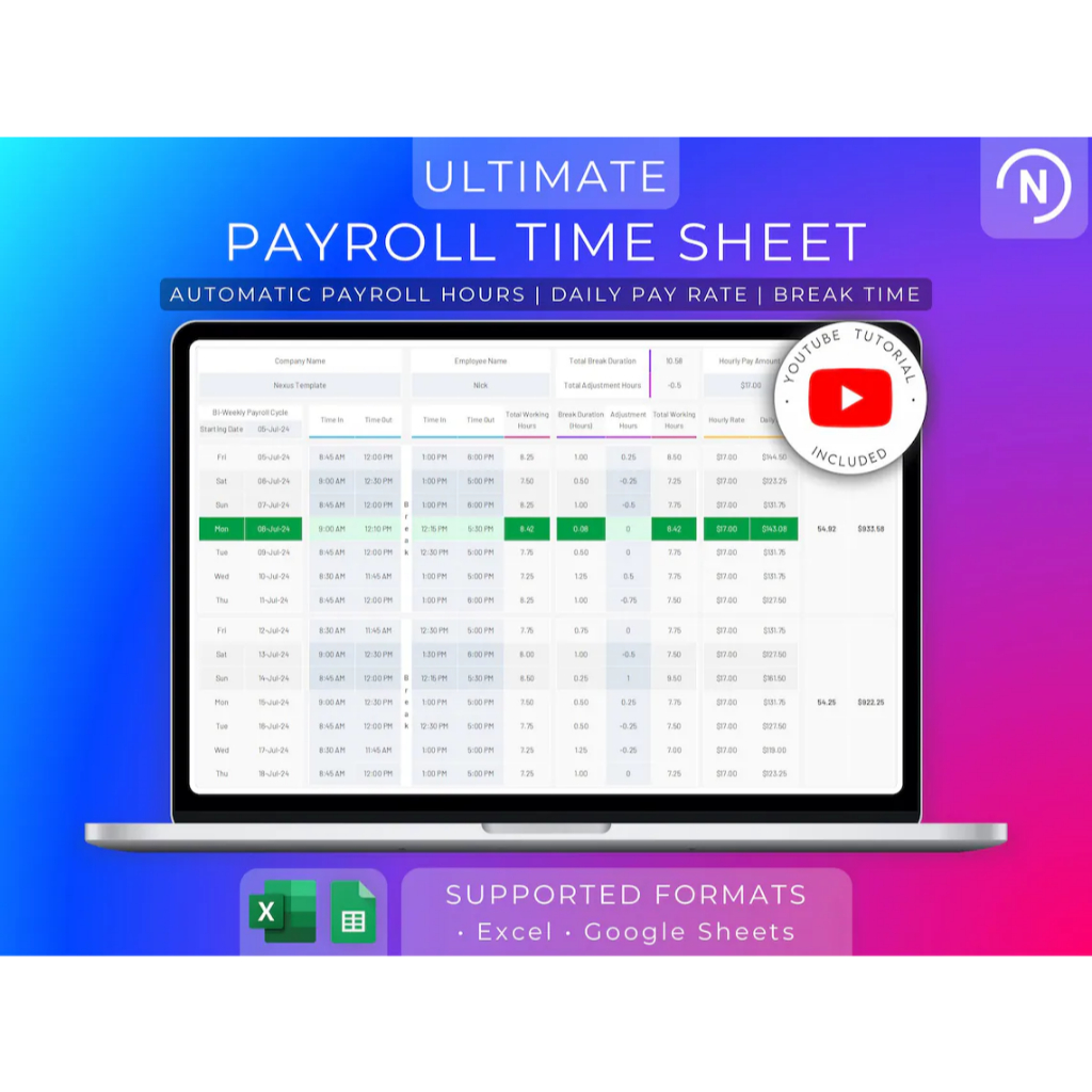HR Staff Payroll Timesheet Excel & Google Sheets Employee Time Tracker ...