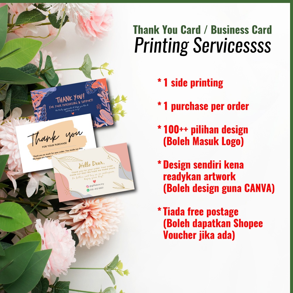 Thank You Card ONE SIDE ONLY CUSTOM / PRINT DEPAN SAHAJA / Business ...