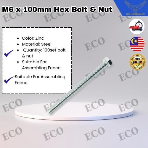 100pcs M6 x 100mm Hex Bolt & Nut (Zinc) Hexagon Bolt Nut Head Screw Hex ...