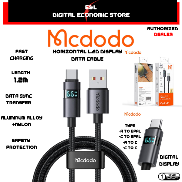 【1Yr Warranty】 MCDODO CA 6490 6520 6570 5610 Horizontal LED Display USB A to L C Data Cable 1.2m ...