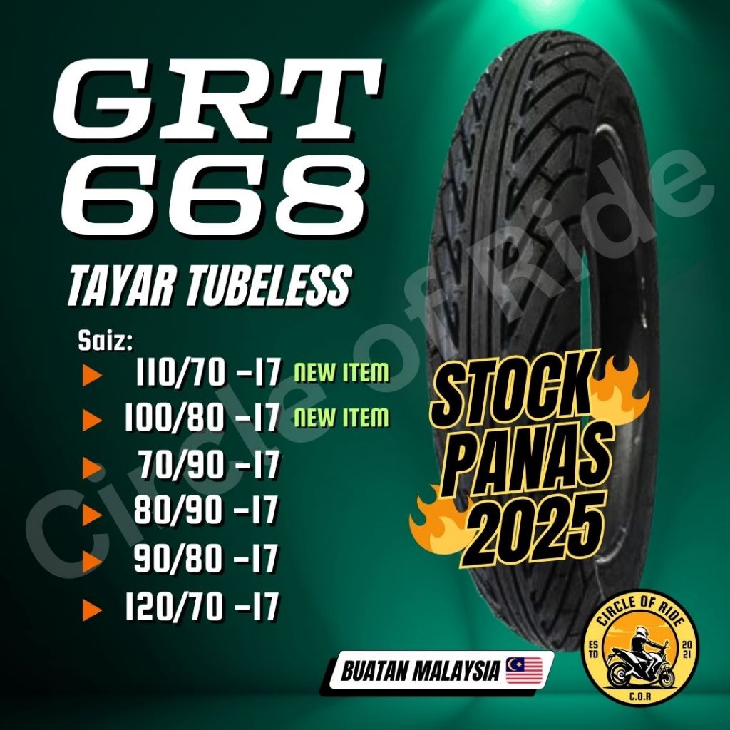 [2025/26] GRT 668 TAYAR TUBELESS (SPORT RAIN) 70/90-17 80/90-17 90/80 ...
