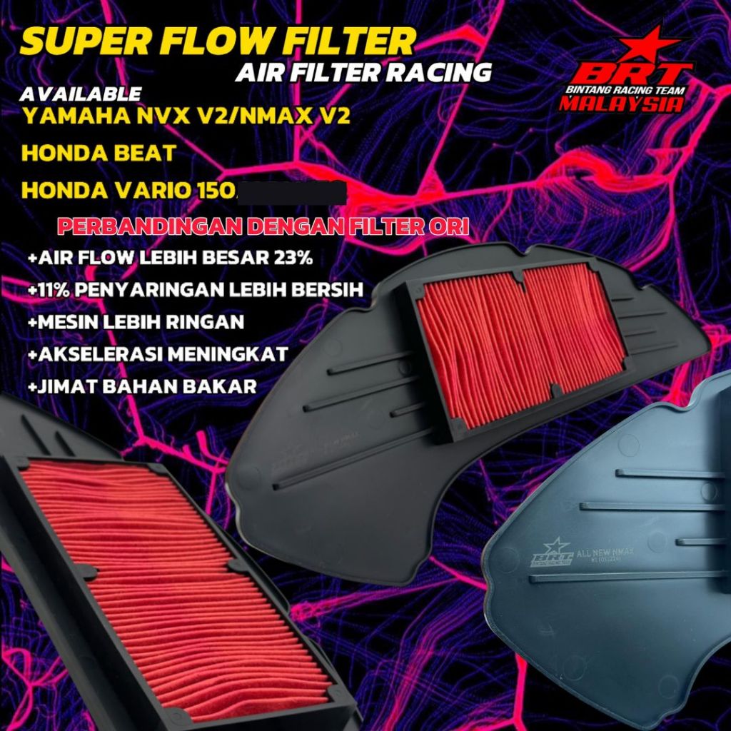 AIR FILTER SUPER FLOW BRT NVX NMAX V2 VARIO125 VARIO150 PCX150 NVX155 ...