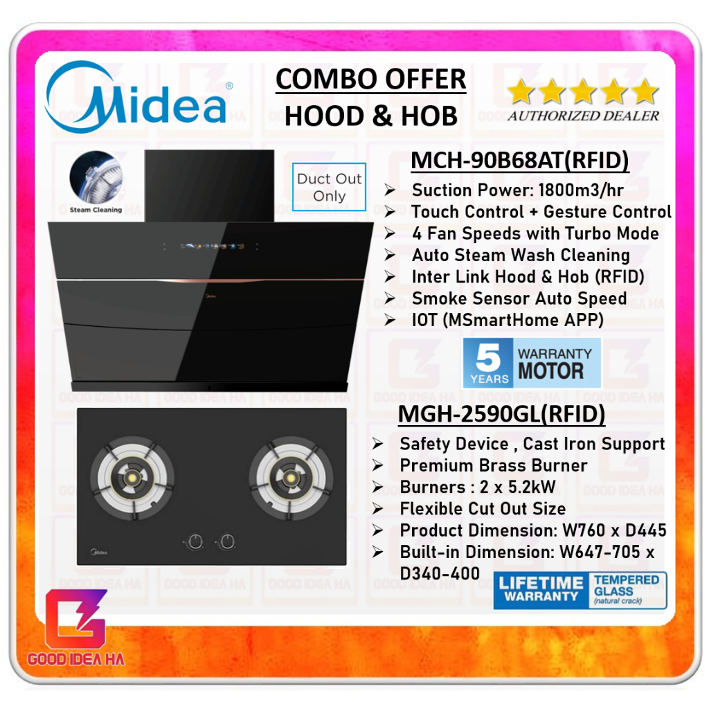 【FREE CAP + DUCTING HOSE】MIDEA 1800m3 /hr COOKER HOOD MCH-90B68AT(RFID) + MIDEA 5.2kW GLASS HOB ...