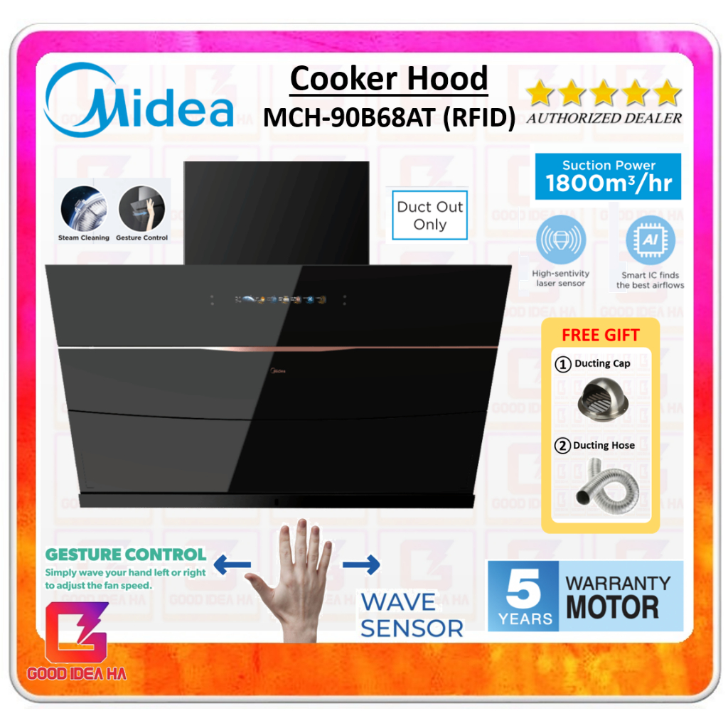 【FREE CAP + DUCTING HOSE】MIDEA 1800m3 /hr COOKER HOOD MCH-90B68AT(RFID) with Smart Auto Steam ...
