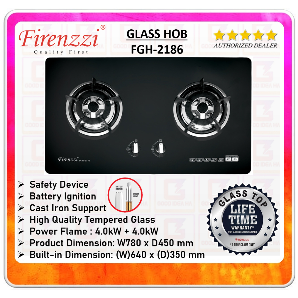 FIRENZZI FGH-2186 Glass Hob with Safety Device & Cast Iron Pan Support ...
