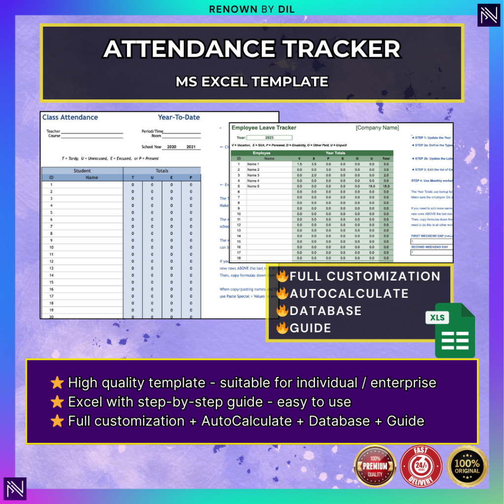 Attendance Tracker - Excel Template | Guide + Auto Calculate + Database ...