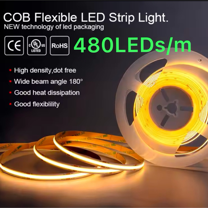 COB LED Strip 480 LEDs/m High Density Flexible Tape Ribbon 3000-6500K ...
