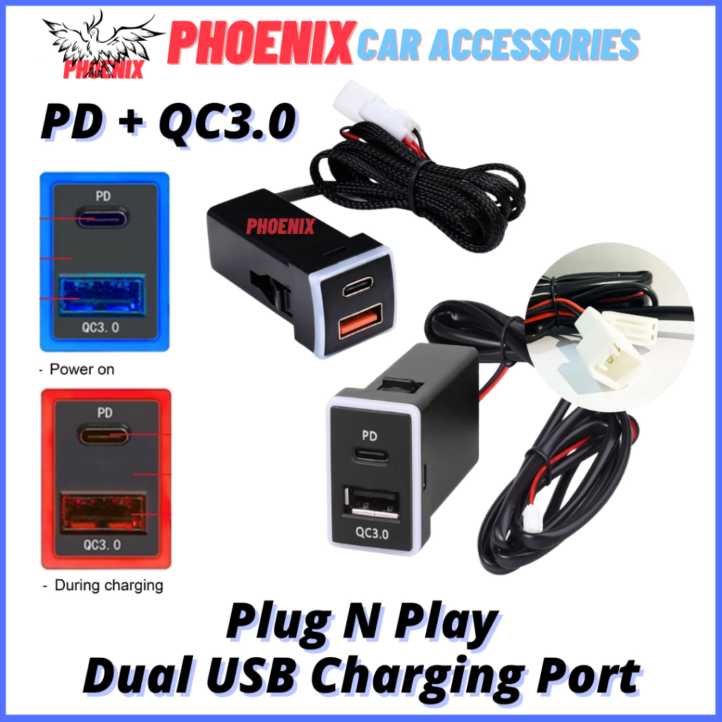 PERODUA/TOYOTA LED Plug N Play Dual USB PD TYPE-C QC3.0 Fast Charging ...