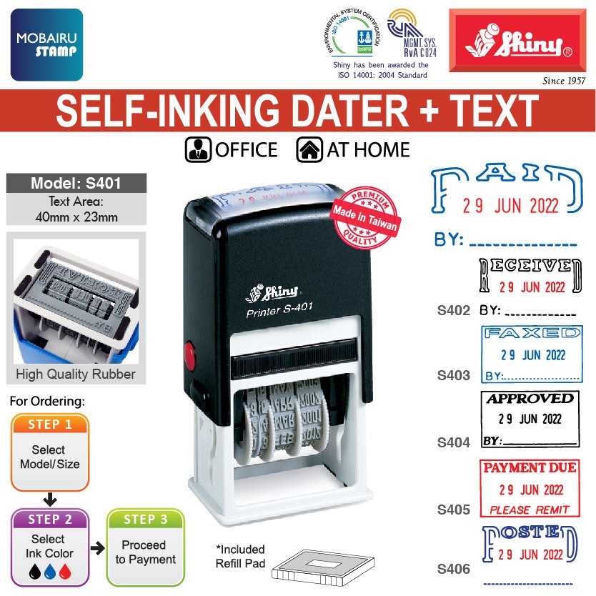 SHINY Dater + Text Rubber Stamps - Self Inking Printer S401 to S406 ...