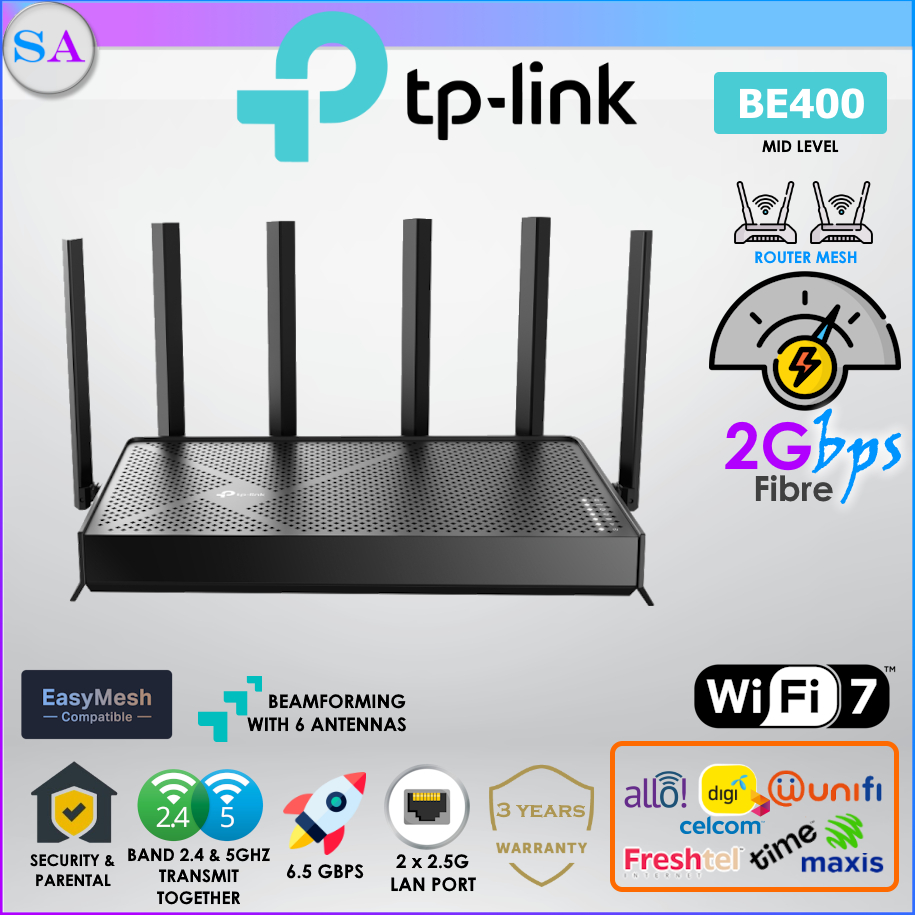 TP-Link Archer BE400 BE6500 WiFi 7 Wireless Dual Band EasyMesh Gigabit ...