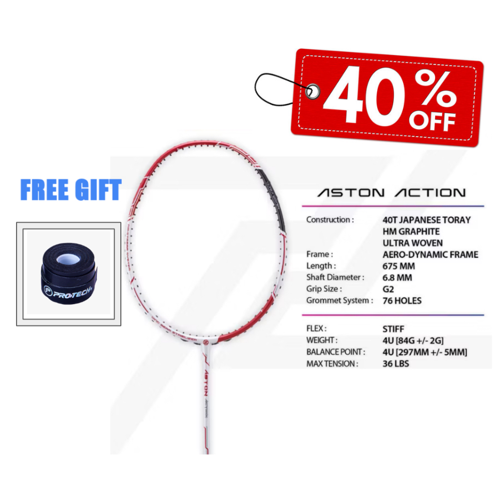 PROTECH Badminton Racket - Aston Action (4U) (MAX 36LBS) (FREE GRIP ...