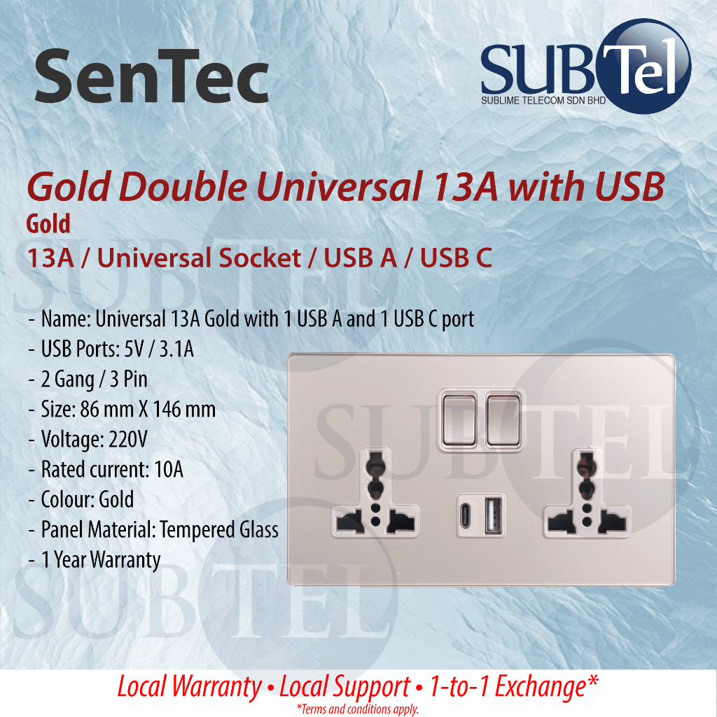 SenTec Wall Switch Socket Double Universal 13A with USB A/ USB C ...