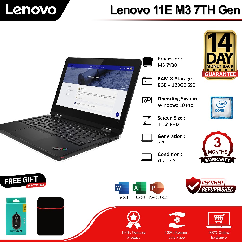 Lenovo ThinkPad 11e Laptop 11" Intel Core m3 7th Gen 8GB RAM 128GB SSD ...