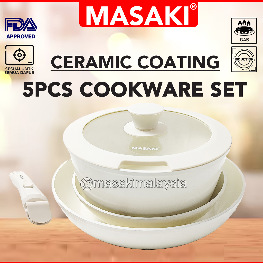 MASAKI 5 Pcs Ceramic Non Stick Cookware Set | Oven Safe & Suitable for ...