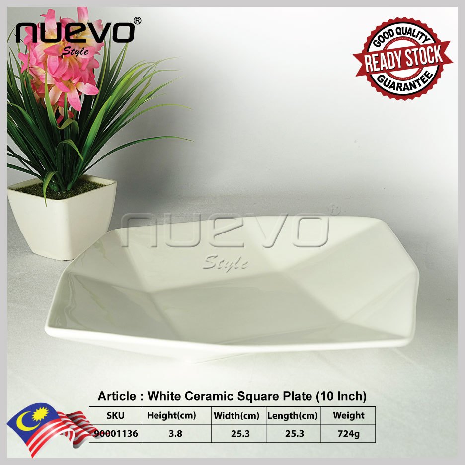 NUEVO 10 Inch white ceramic square plate 白色陶瓷方盘 Pinggan persegi seramik ...