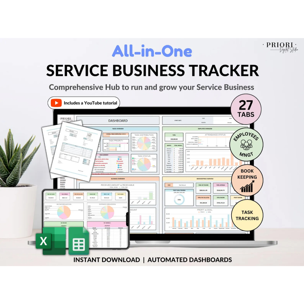 All-in-One Service Business Tracker System Bookkeeping Employee Invoice Client Order Income ...