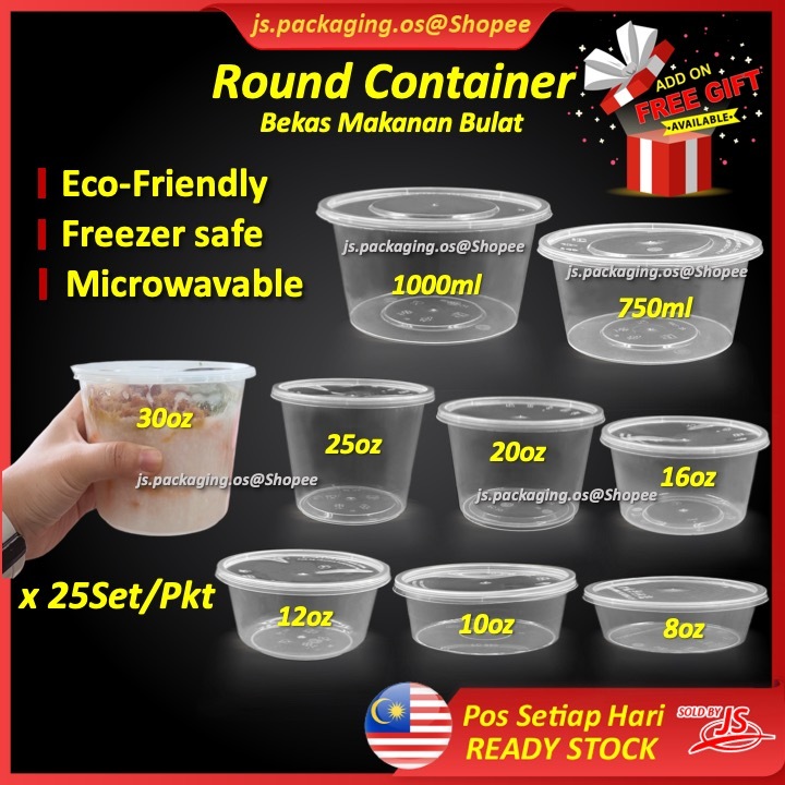 Round Container with Lid 25set Bekas Makanan Bulat 8oz/10oz/12oz/16oz ...