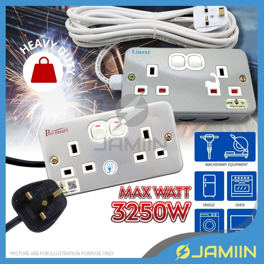 [3M /5M /10M] 2WAY x 13amp Metal Clad Heavy Duty Portable Socket Extension Trailing Socket Metal ...