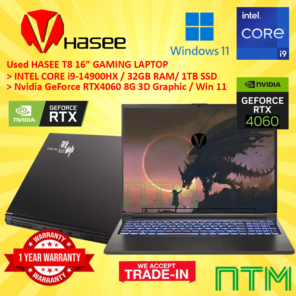 #1632 USED I9 HASEE 神舟 战神 T8 INTEL i9-14900HX 32G 1TB SSD RTX 4060 8G ...