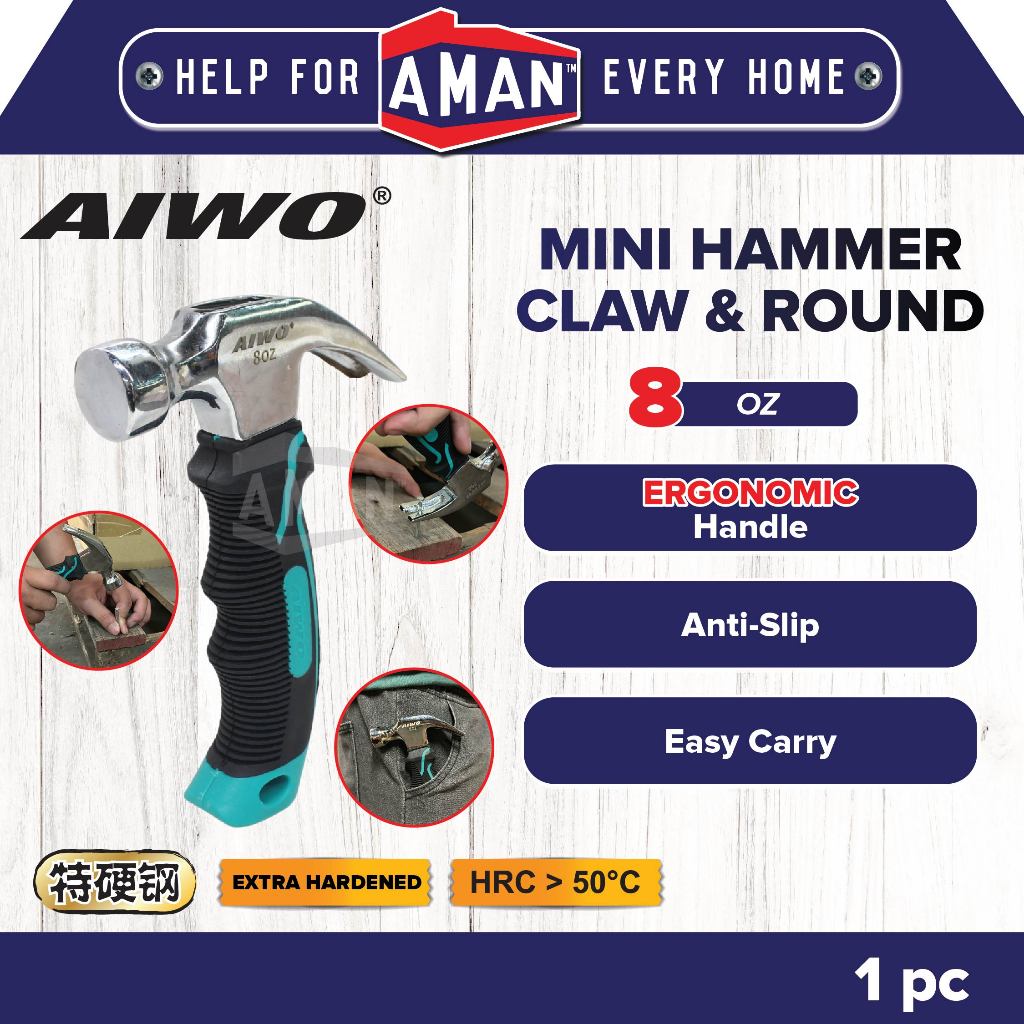 AIWO Mini Claw Hammer Claw Round Soft Grip TPR Handle Small Mini Stubby ...