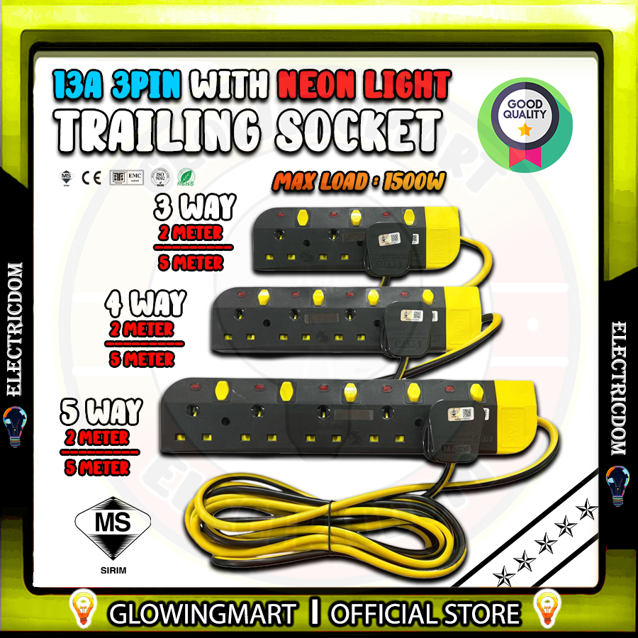 🔥SIRIM🔥Black/Yellow Serious Extension Plug 2/5 METER 2G,3G,4G,5G Trailing Socket 1.25MM X 3C ...