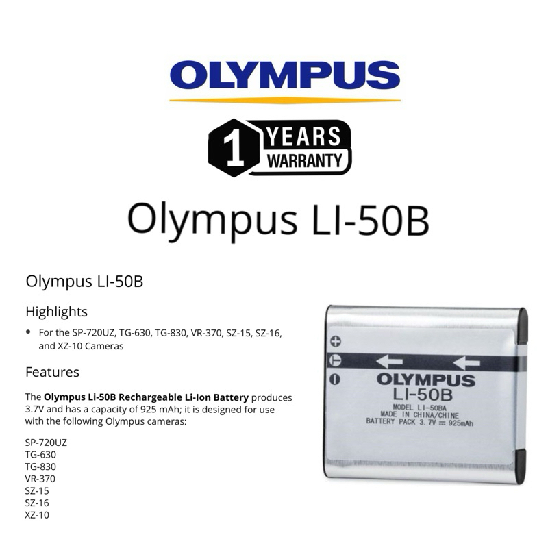 OLYMPUS LI50B LI-50B battery 3.7V 925Mah (1 years warranty) | Shopee ...