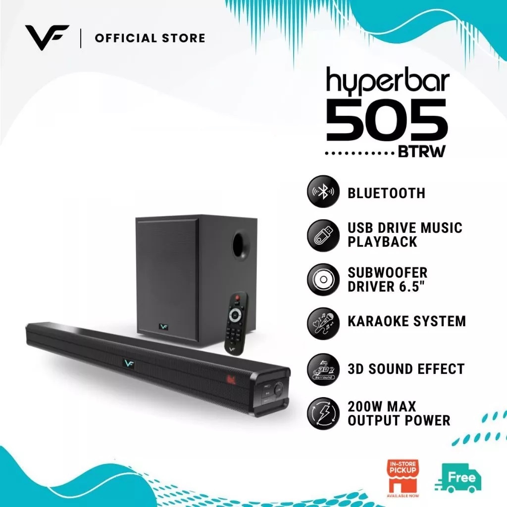 Vinnfier VF Hyperbar 505 BTRW 2024 Wireless Soundbar Wireless Subwoofer 2.1 Karaoke System ...