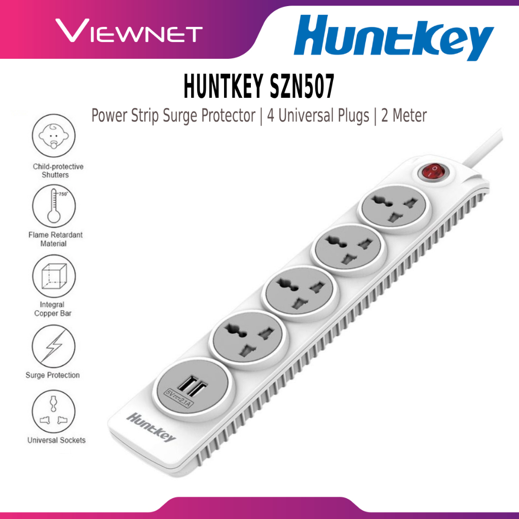 HUNTKEY SZN507 SURGE PROTECTOR 4 PLUGS + 2 USB PORT EXTENSION SOCKET PLUG CHILD-PROTECTIVE -3M ...