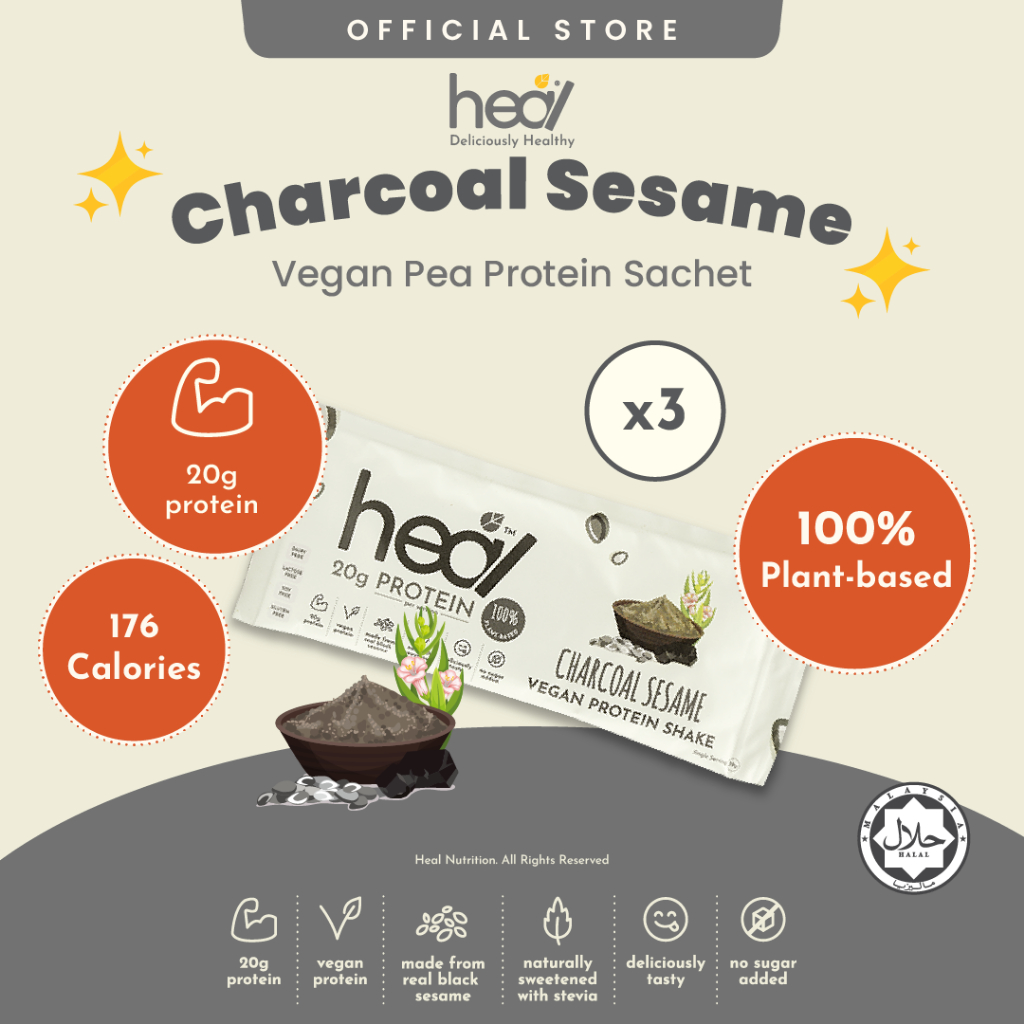 Heal Charcoal Sesame Vegan Pea Protein Shake Plant Based Powder (3 ...