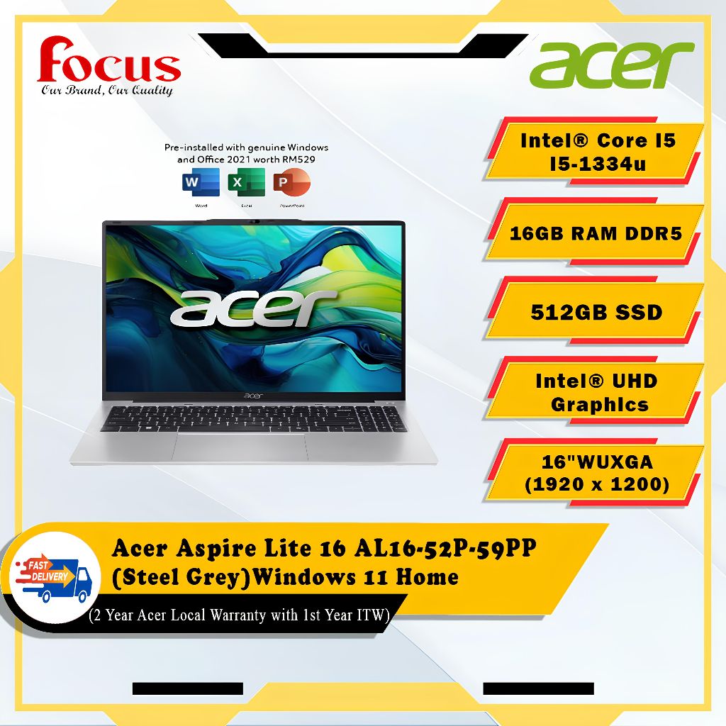 Acer Aspire Lite 16 AL16-52P-59PP 16" WUXGA Laptop Steel Grey ( i5-1334U, 16GB, 512GB SSD, Intel ...