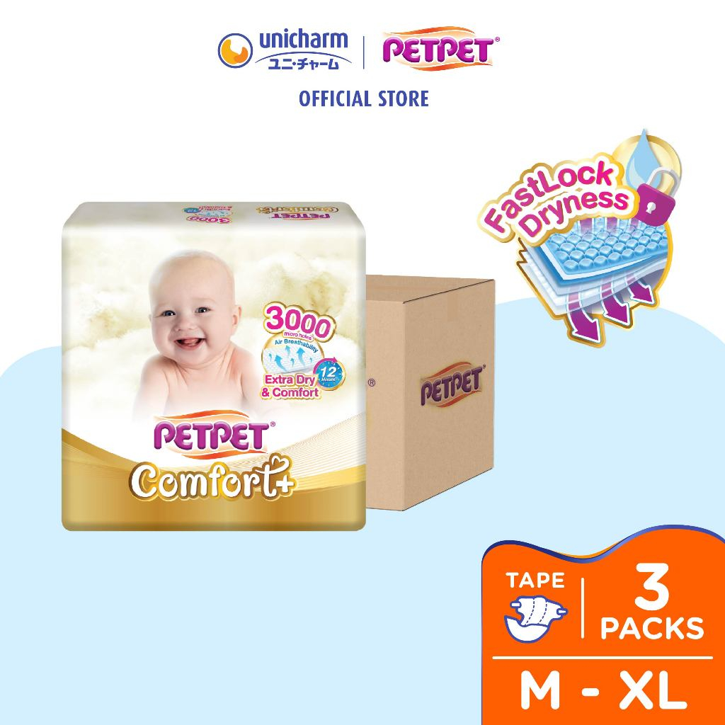 [Bundle of 3] PETPET Comfort+ Tape Baby Diapers M60/L50/XL40 | Shopee ...